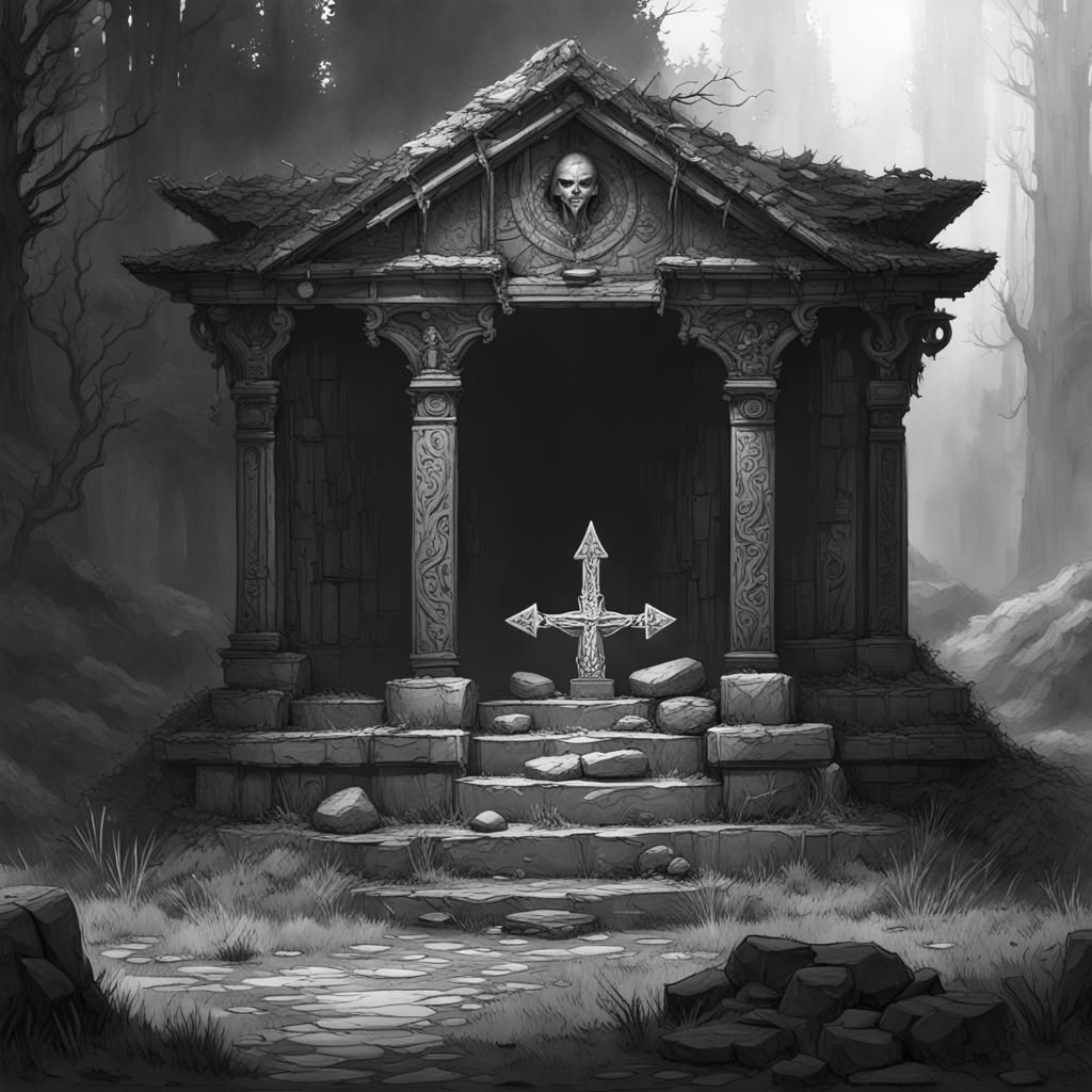 Dark, grassy plain, small stone shrine, goddess of protection ...