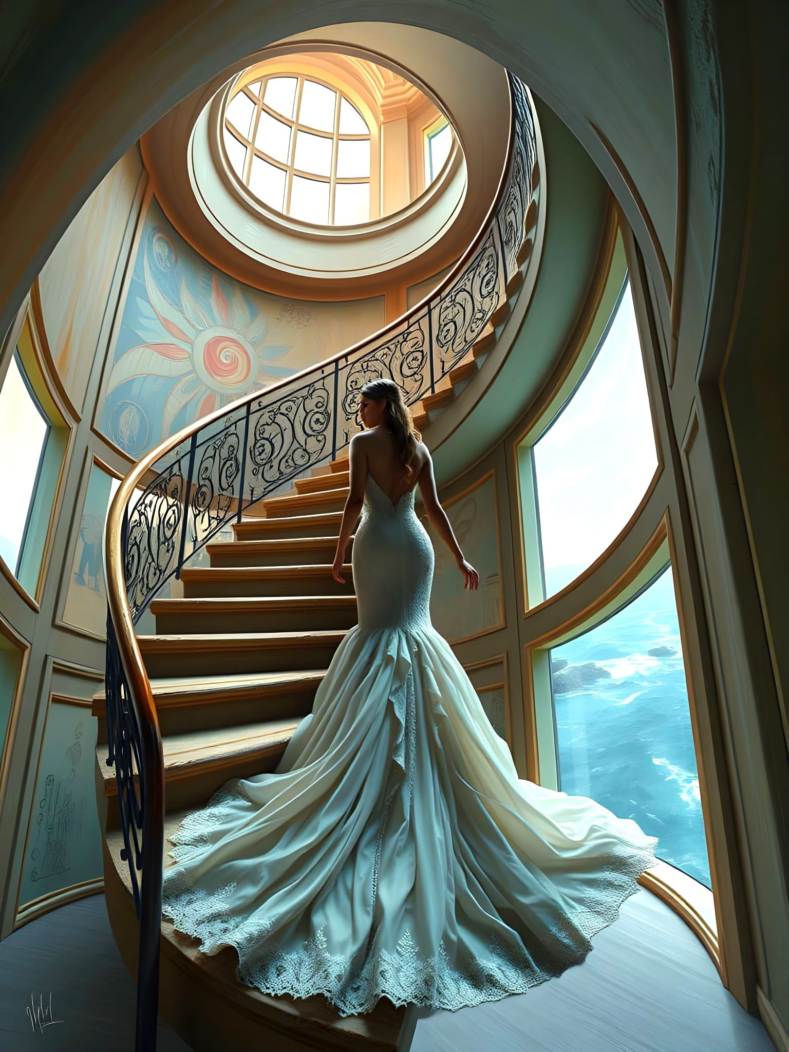 Inside the lighthouse - Elegant Woman Descends Lighthouse St...