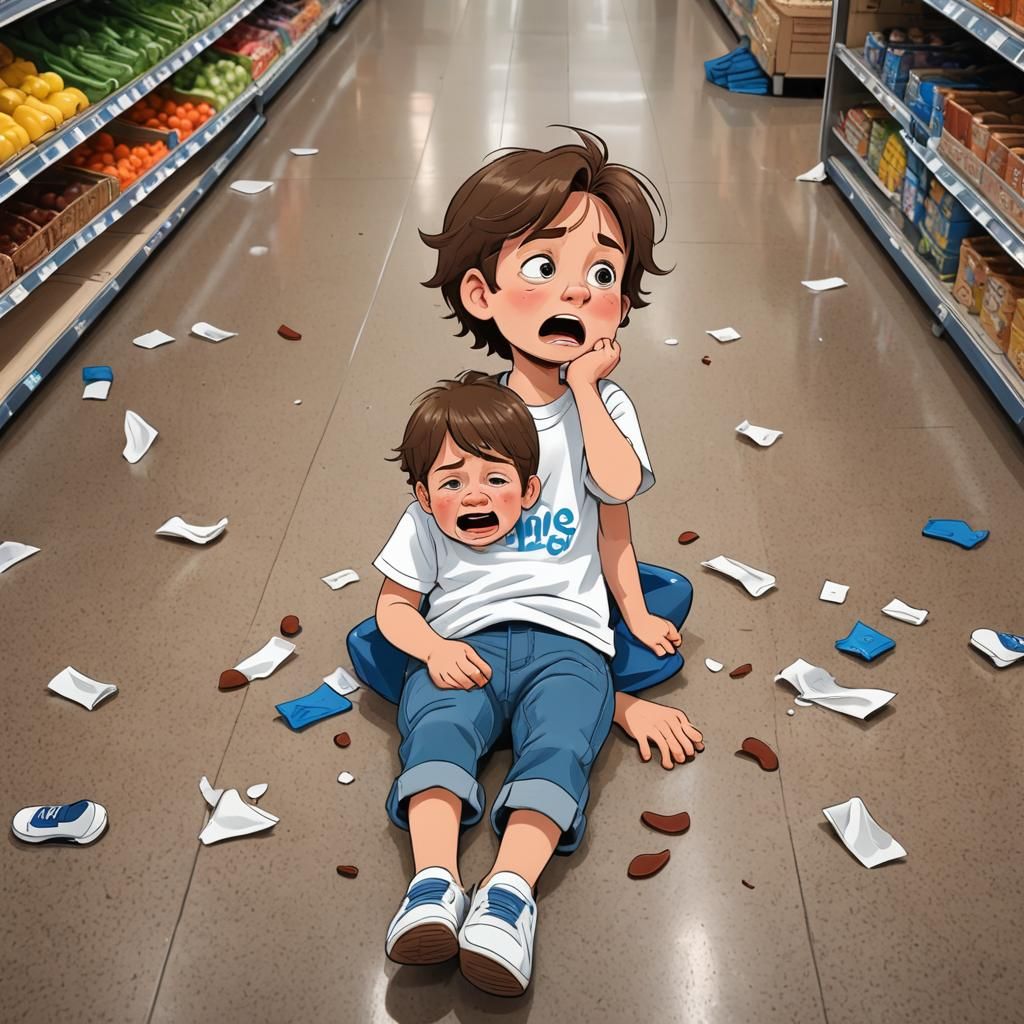 A Boy lying on the ground crying in a supermarket - AI Generated ...