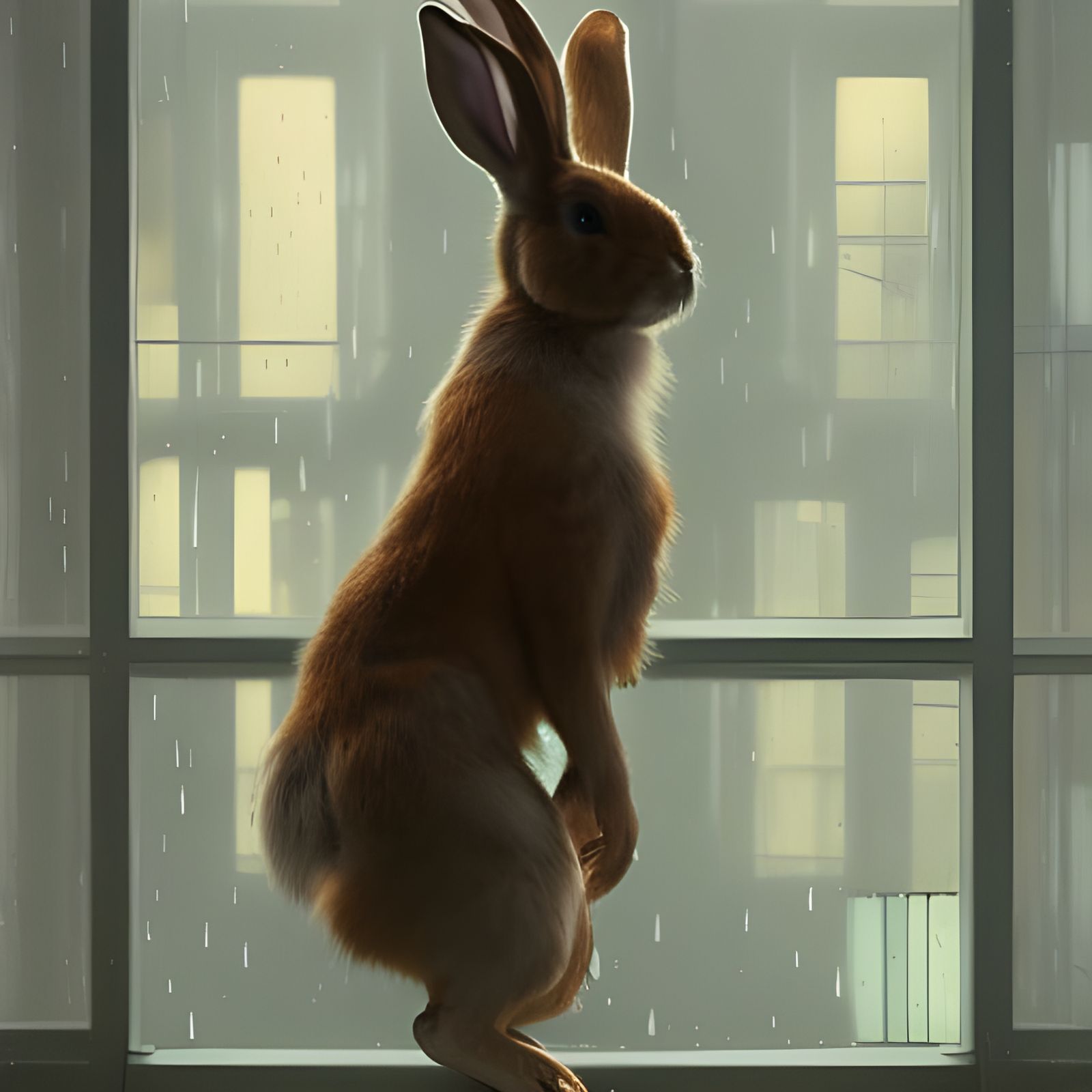 A brown bunny stuffy sitting on a window watching rain fall - AI ...