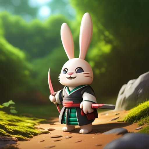 adorable samurai bunny in a Japanese garden holding sword, by awwchang ...