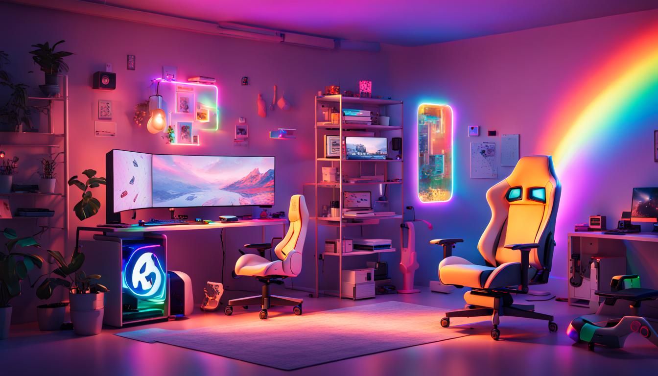 A dreamy cartoonish gaming setup with a PlayStation 5 casting a ...