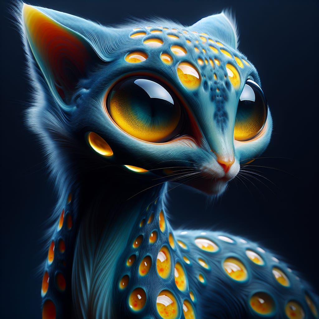 a graceful alien cat with enormous amber eyes and cyan fur with yellow ...