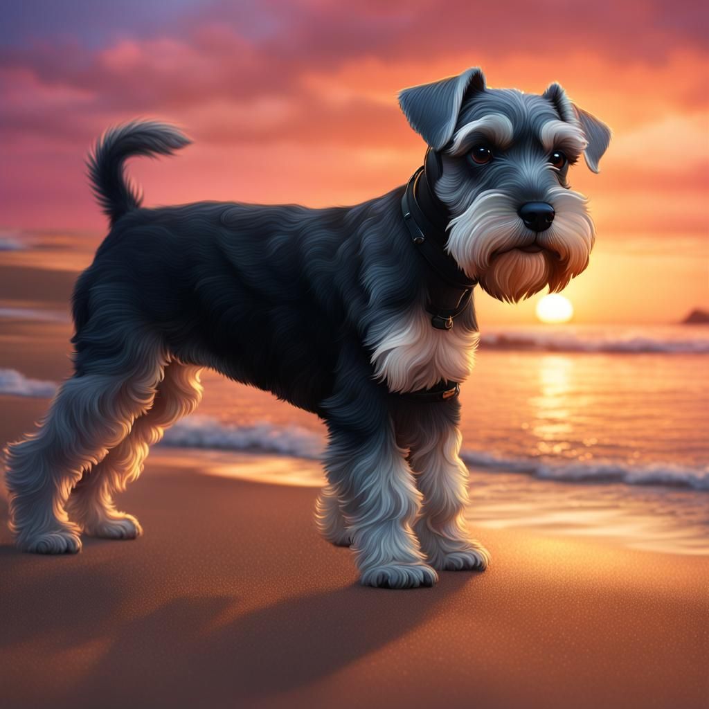 miniature schnauzer puppy in a sunset on the beach - AI Generated ...