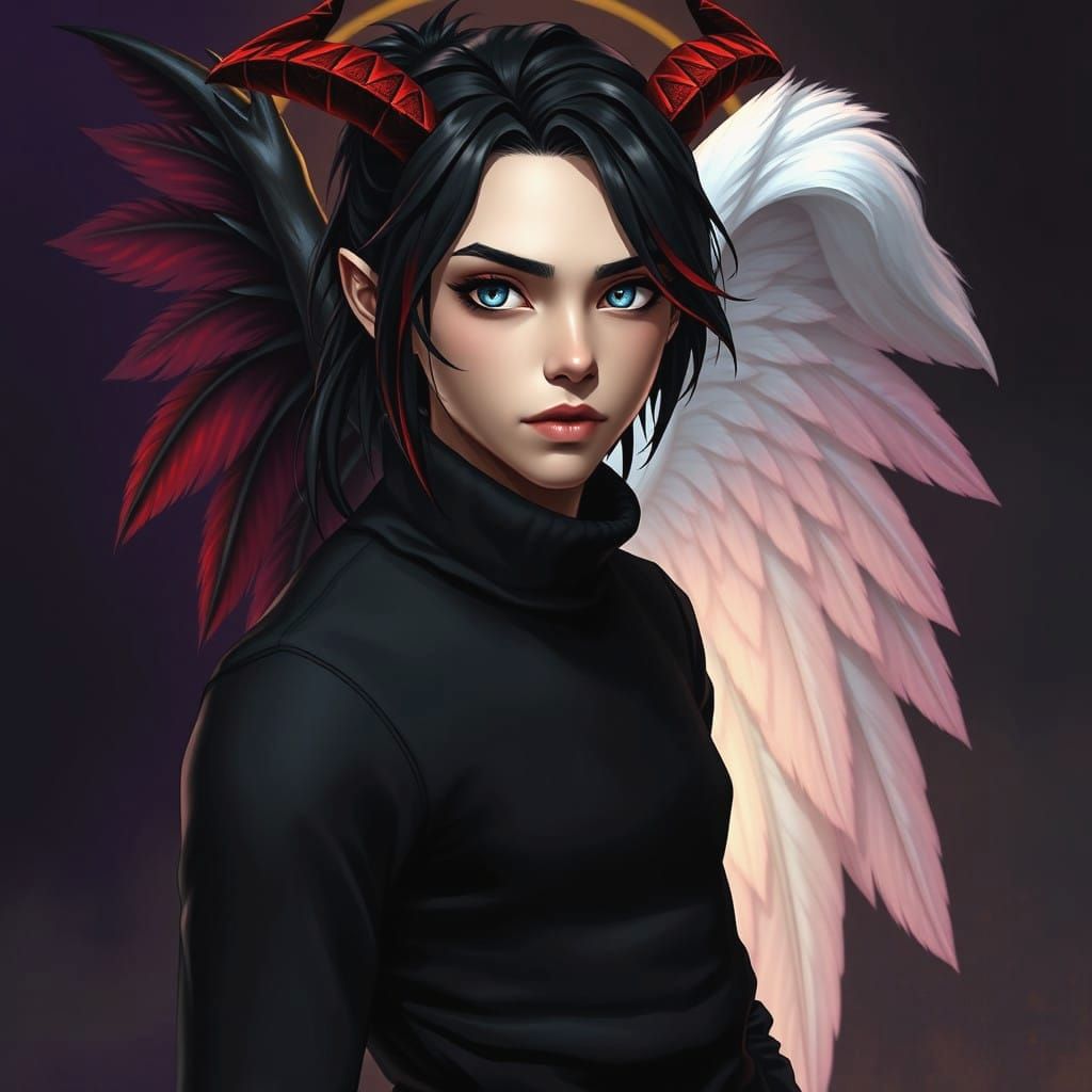 Sultry Angel-Demon Hybrid in Dark Fantasy Portrait - AI Art