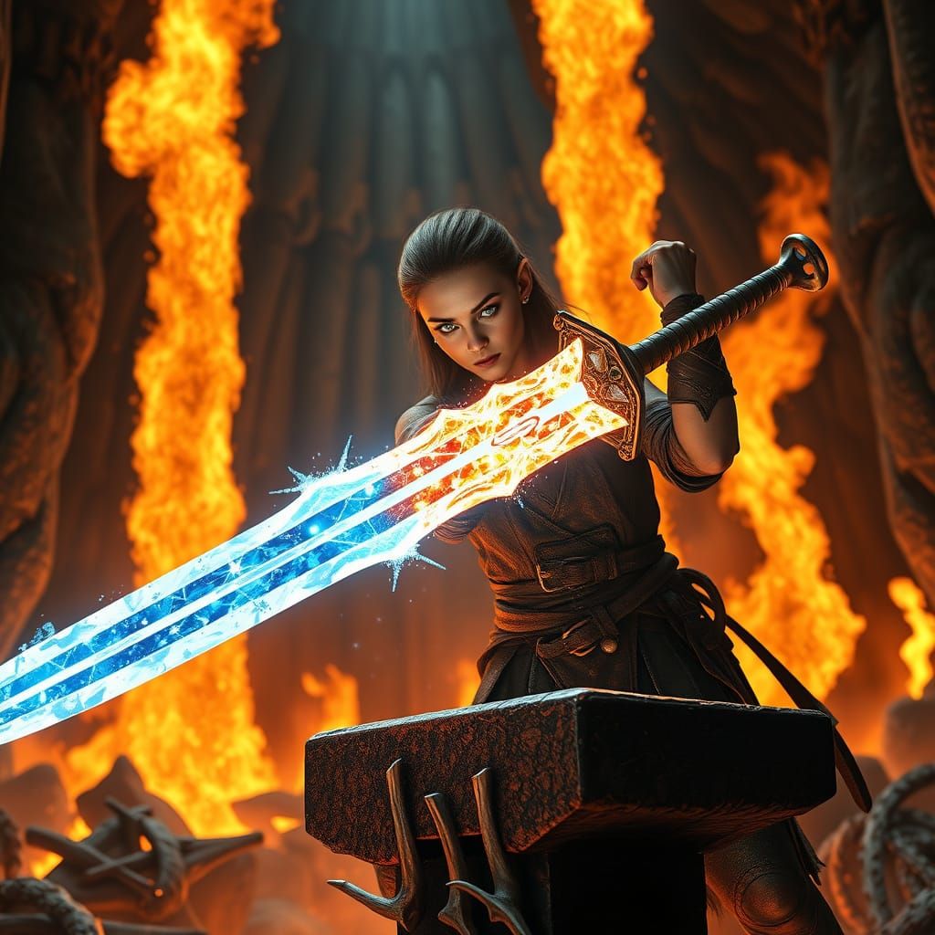 In the heart of a monumental forge, an elven blacksmith hammers a blade ...