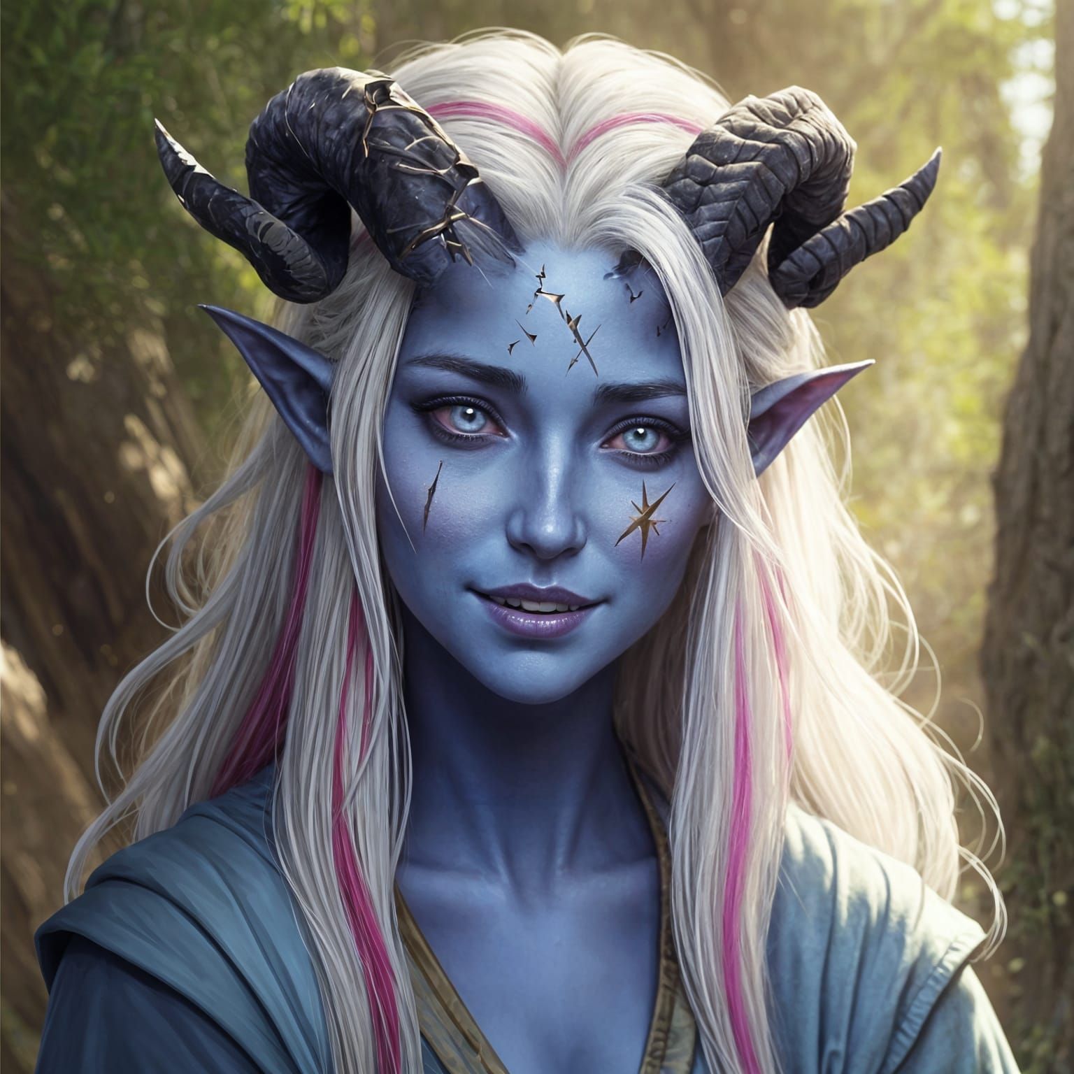 Tiefling Cleric Portrait with Broken Horns and Sca... - AI Art