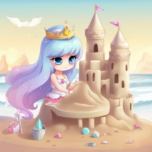 adorable princess building a sand castle at a beach - AI Generated ...