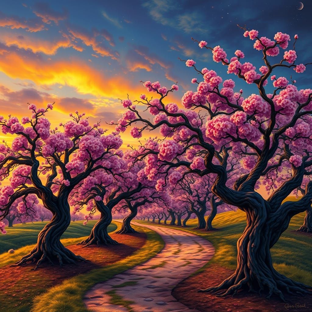 Cosmic Cherry Tree Avenue in Bloom at Dusk - AI Art