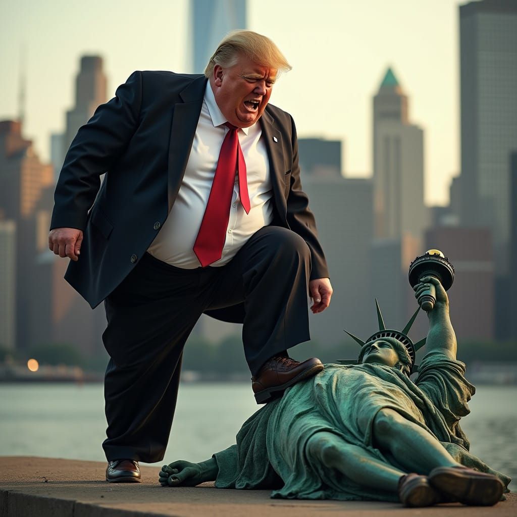 Raging Trump Dominates Beaten Statue of Liberty - AI Art