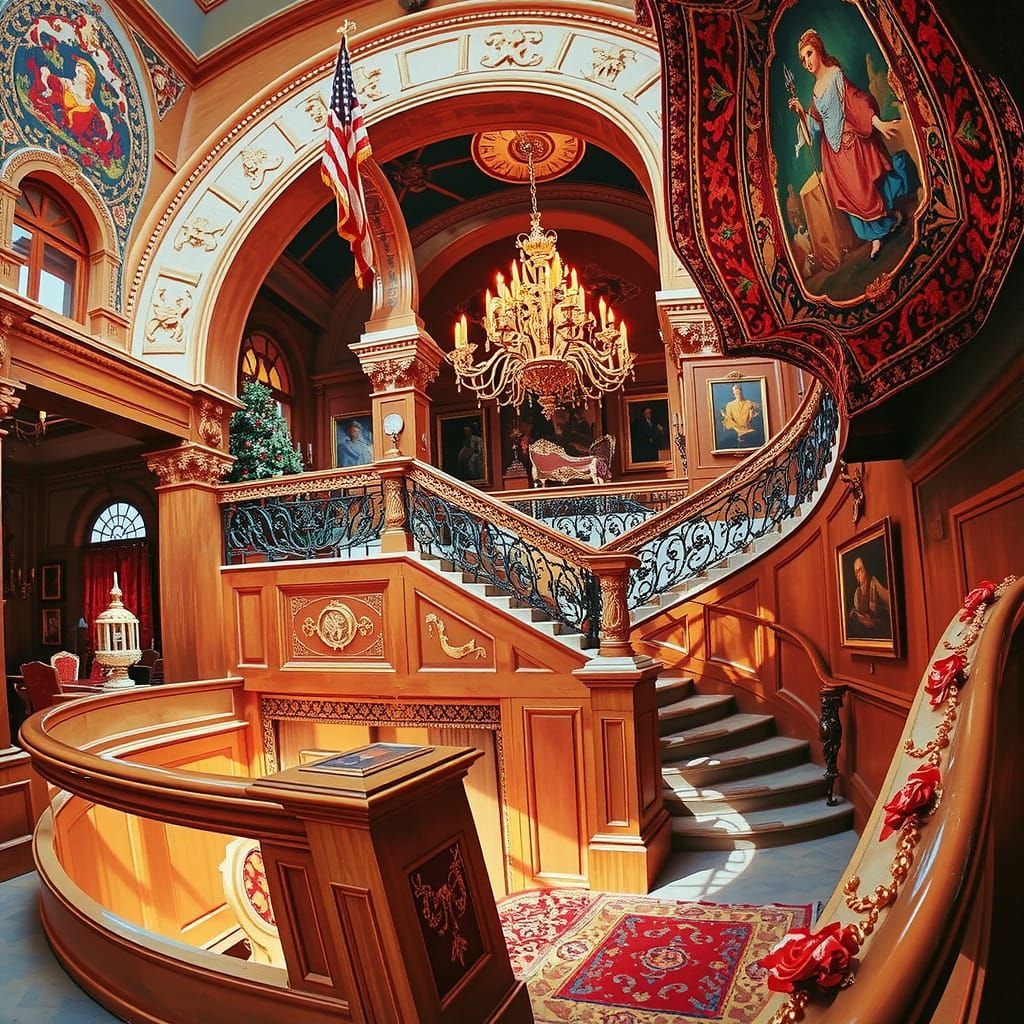 Opulent Baroque Room with Sweeping Staircase - AI Art
