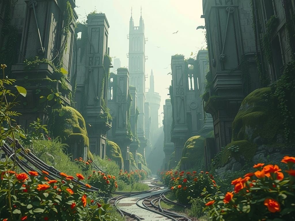 stone labyrinth flowers greenery - Forgotten Labyrinth Bloom...