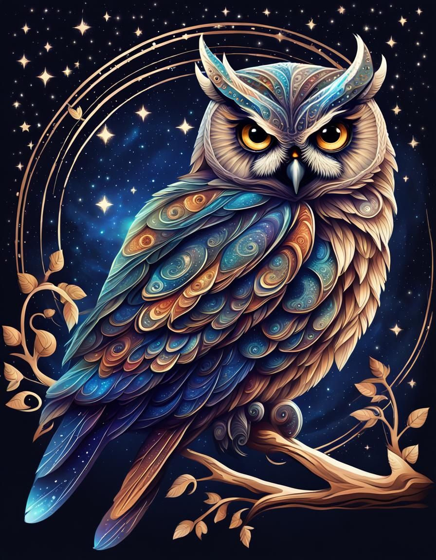 A majestic owl perched on a branch, its feathers merging with the ...
