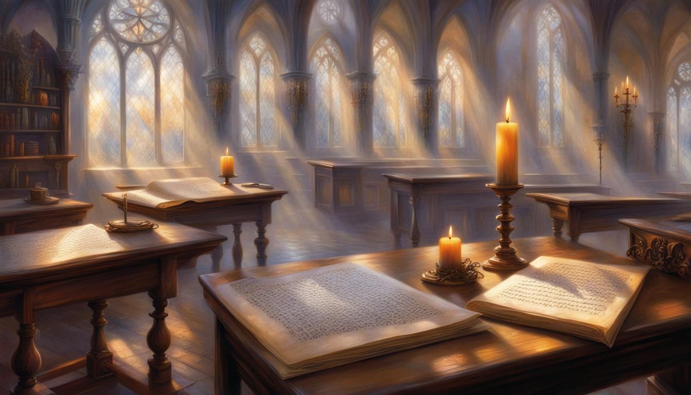 scriptorium, stools, lecterns, parchment, quills, ink, candle ...