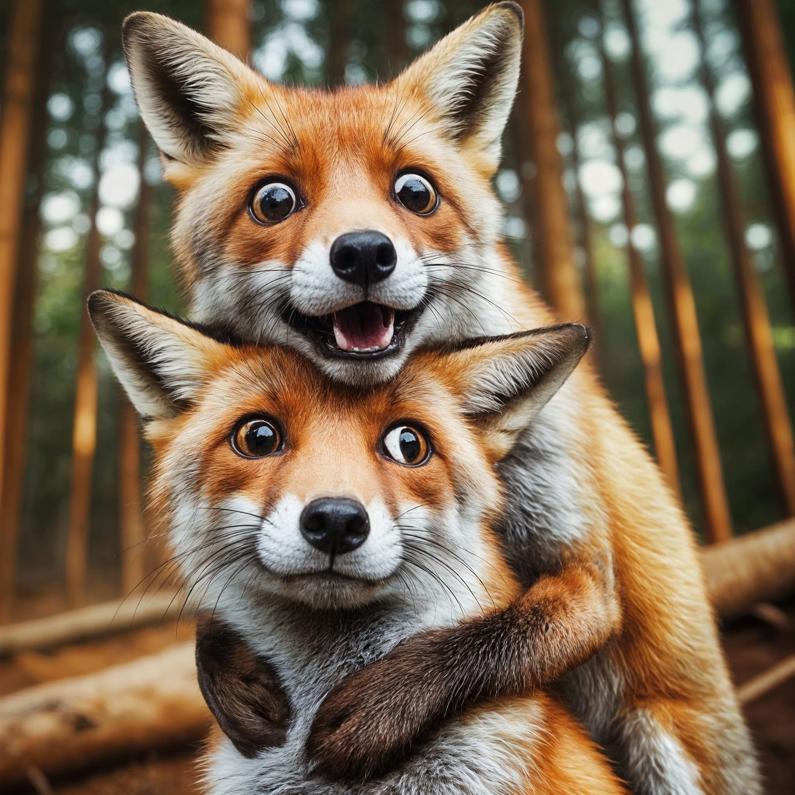 Playful Fox Duo in Forest Landscape - AI Art