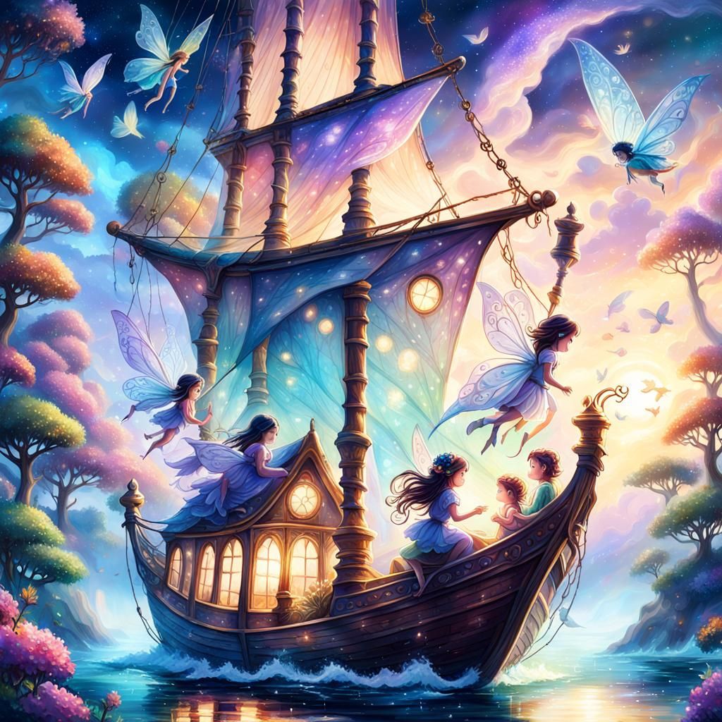 Cute fairies are floating on the ocean at sunrise with a ship. - AI ...