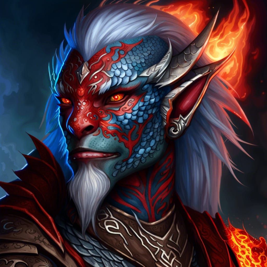 A fire dragonborn human with silver hairs , red skin with scales, blue ...