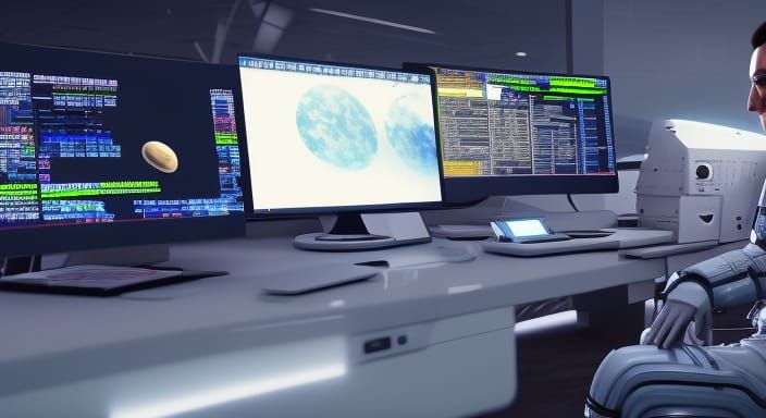 UHD image of an astronaut sitting at a computer terminal on the moon ...