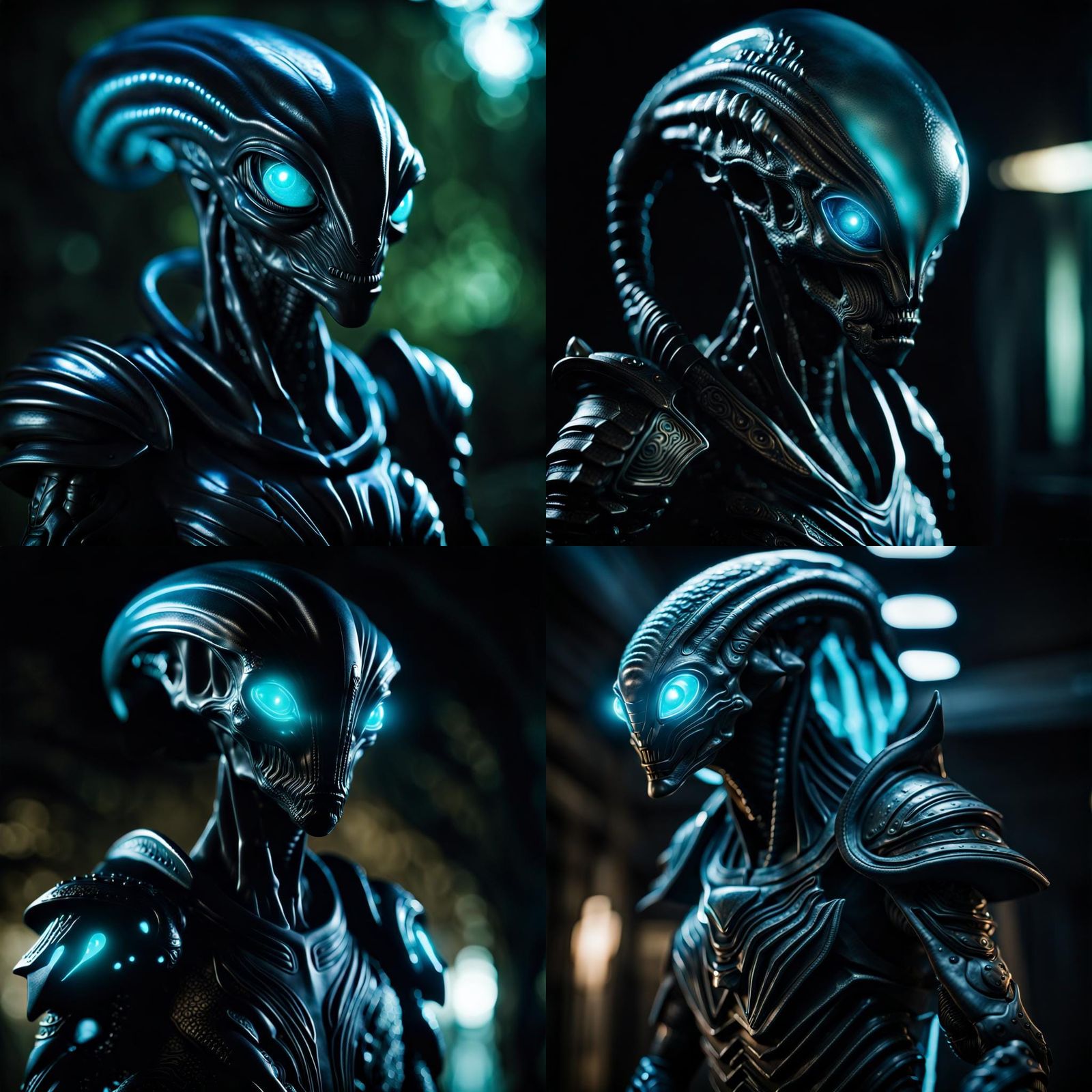 A bioluminescent alien wearing obsidian armor; 8K Ultrarealistic ...
