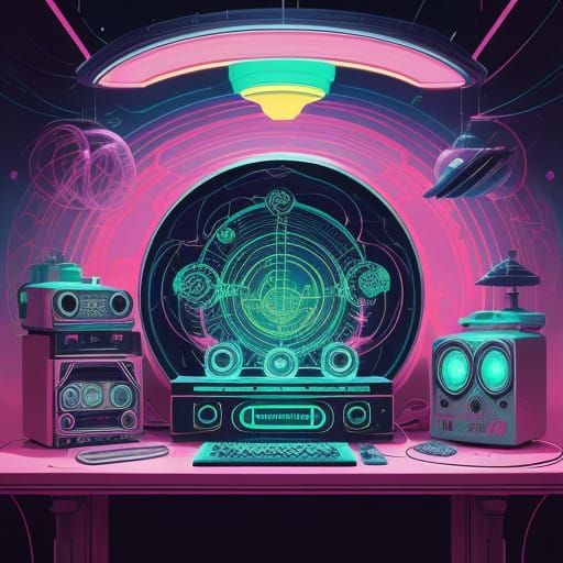 Futuristic Radio and Computer in Vibrant Candyland... - AI Art