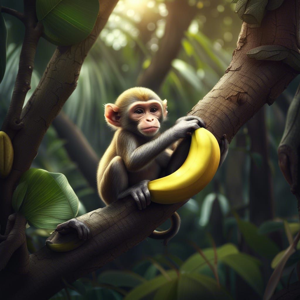 Cute Baby Monkey Holding Onto a Giant Banana - AI Generated Artwork ...