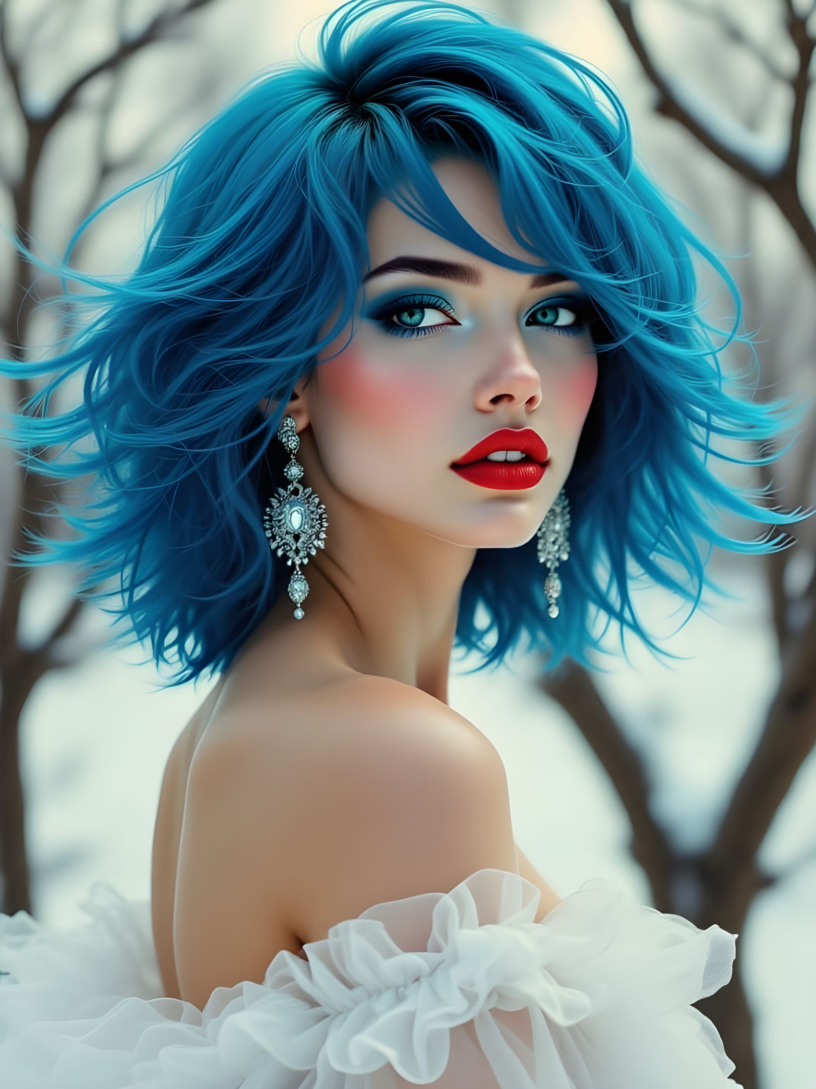 Snow bites the still trees, But her lips burn red with fire— A ...