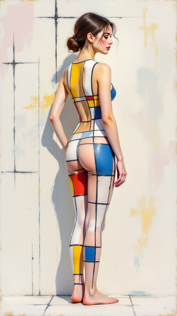 Mondrian curves bend, art becomes skin, skin becomes a living canvas.