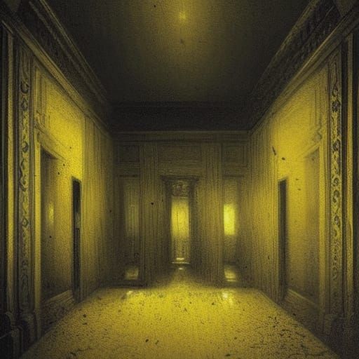 an endless room with yellow wallpaper, multiple doorways, broken ...