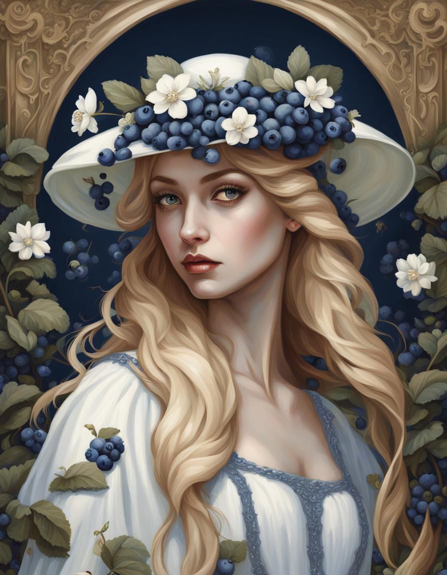 beautiful blueberry fairy in Raphael style, long blonde hair, white hat ...