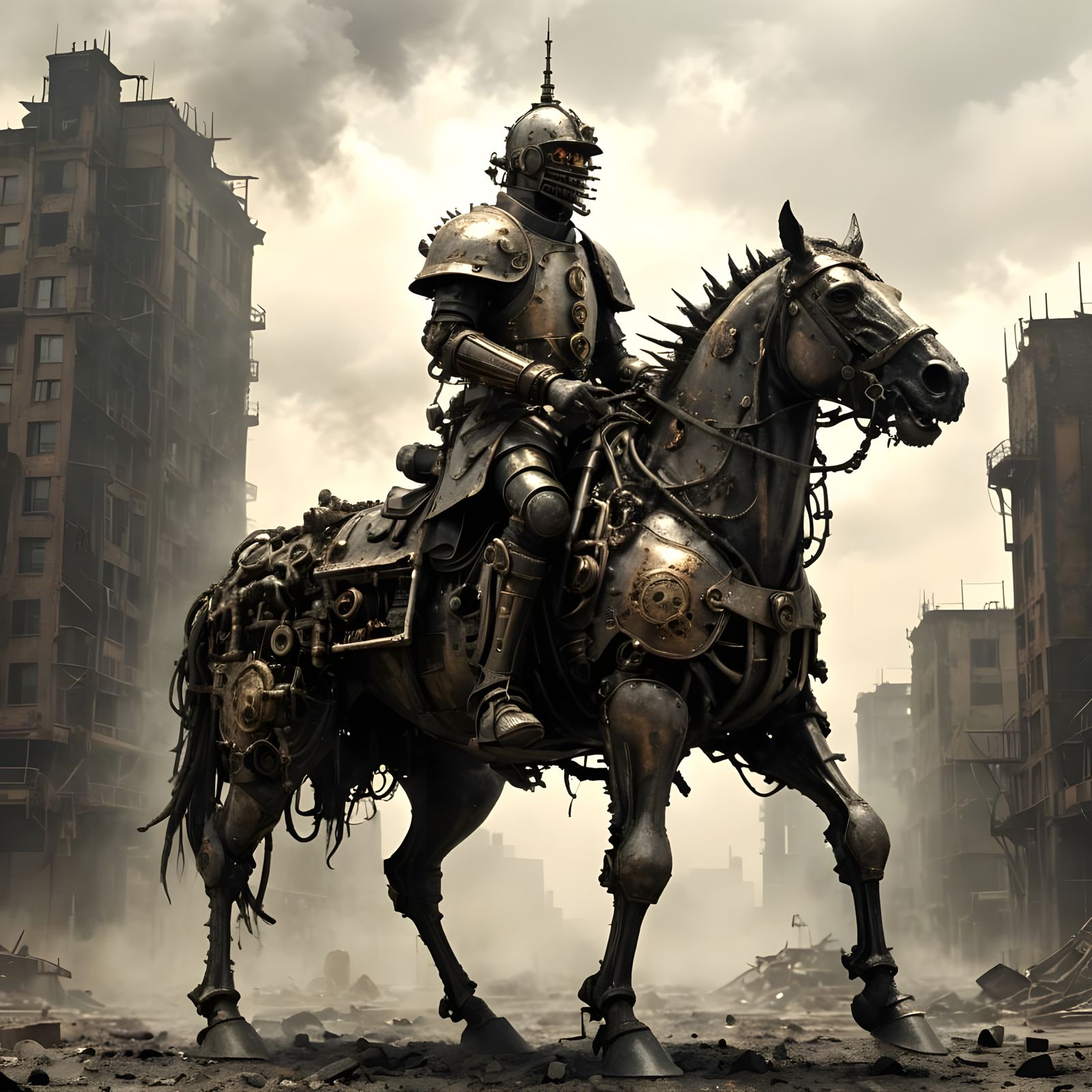 Post-apocalyptic mech-knight patrols the smouldering ruins