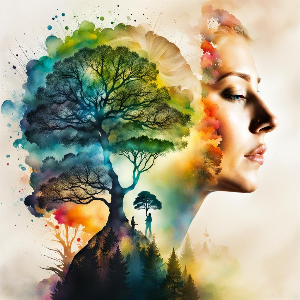 Human duality nature of mind double exposure splash art, watercolour ...