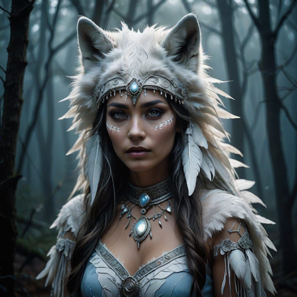 Beautiful Apache maiden half of her face is a white wolf