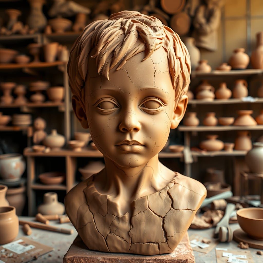 A bust of a young boy shaped in clay