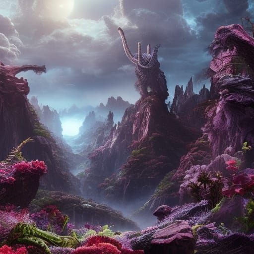 alien planet landscape with flora and fauna - AI Generated Artwork ...