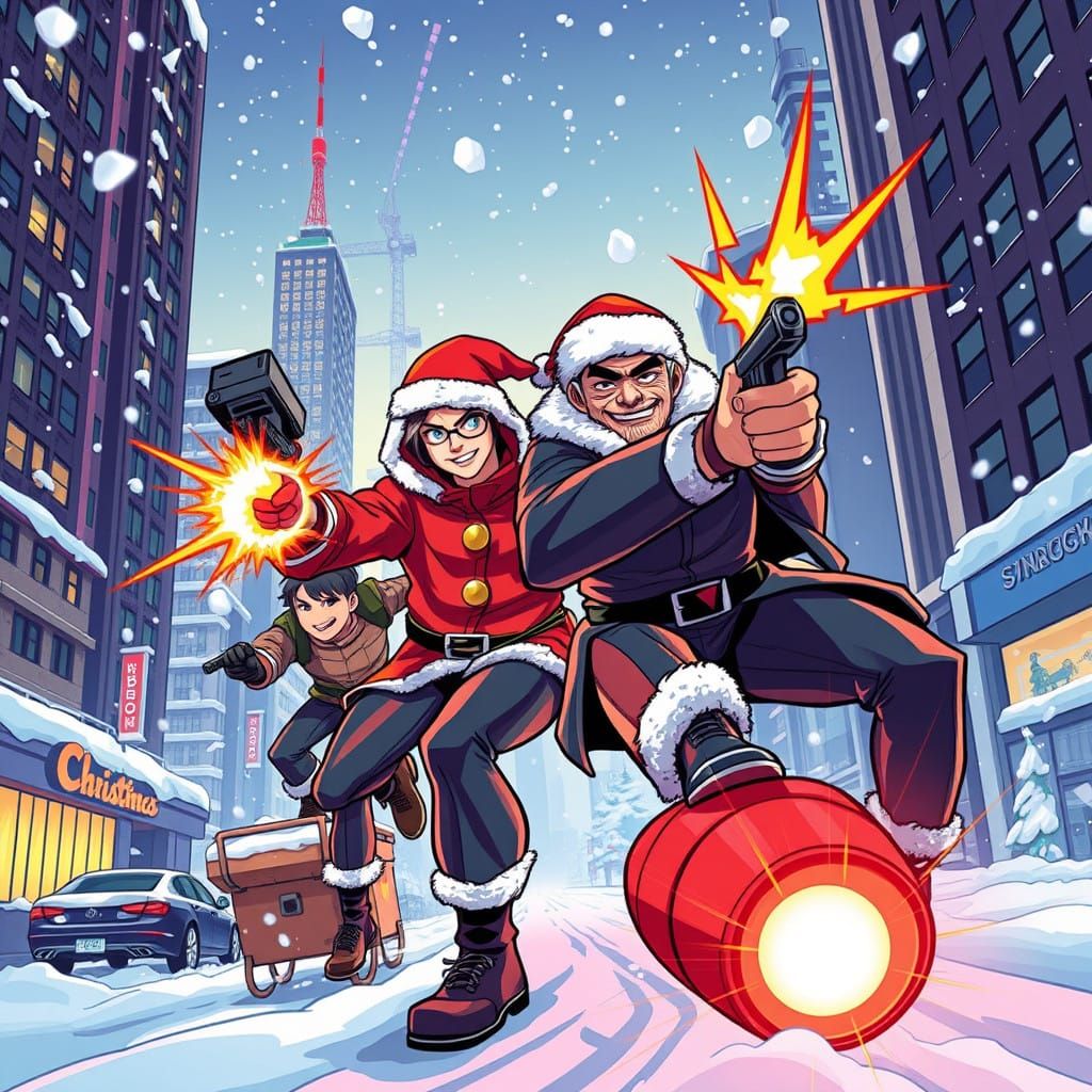 A cartoon action movie Christmas scene with explosions and high drama,
