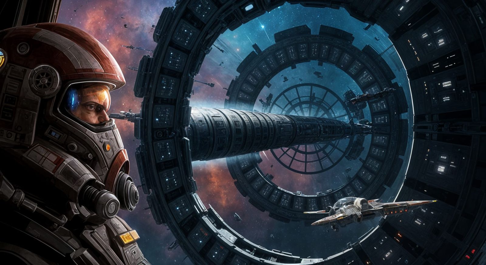 A pilot in a Spaceship docking at a colossal 30 bay cylindrical space ...