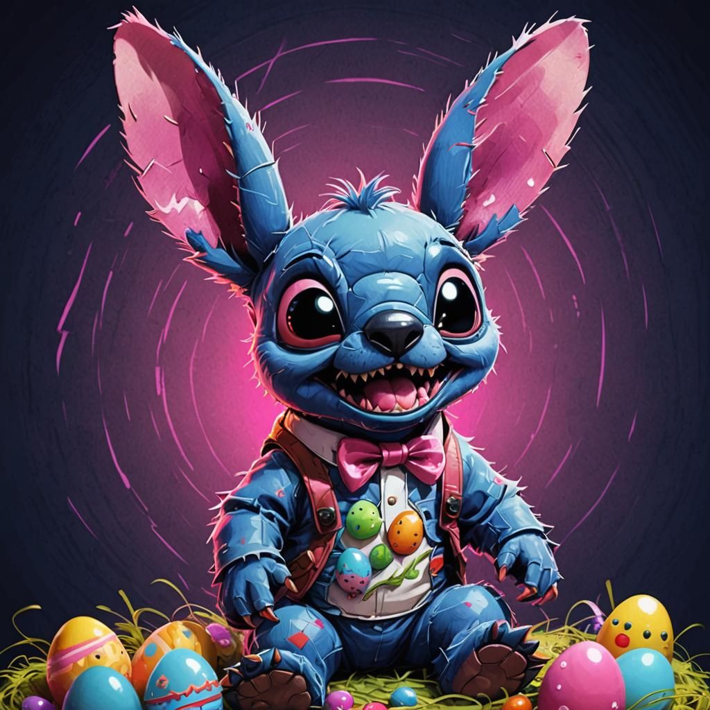 Stitch as the Easter Bunny, retrowave horror - AI Generated Artwork ...