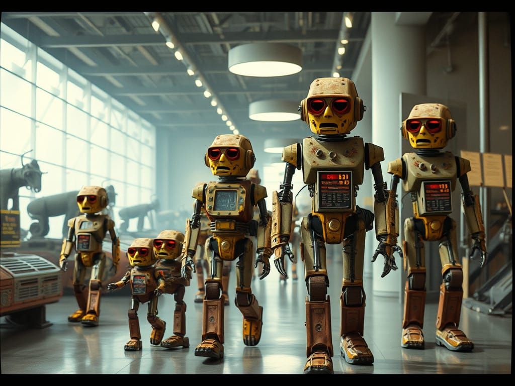 vintage futuristic scene, a family of rusty robots walks around in the ...
