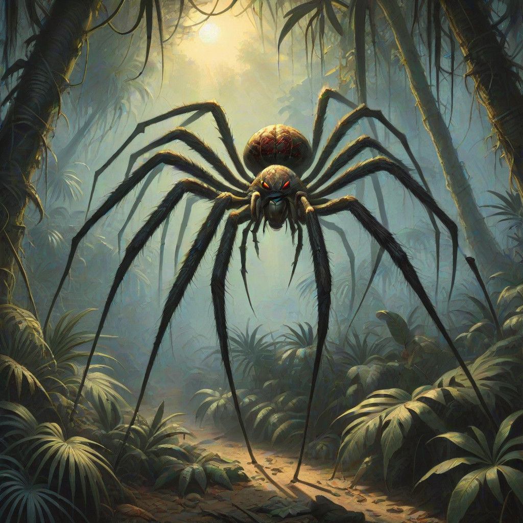 Giant Spider in a tropical forest - Giant Spider in Dark Tro...