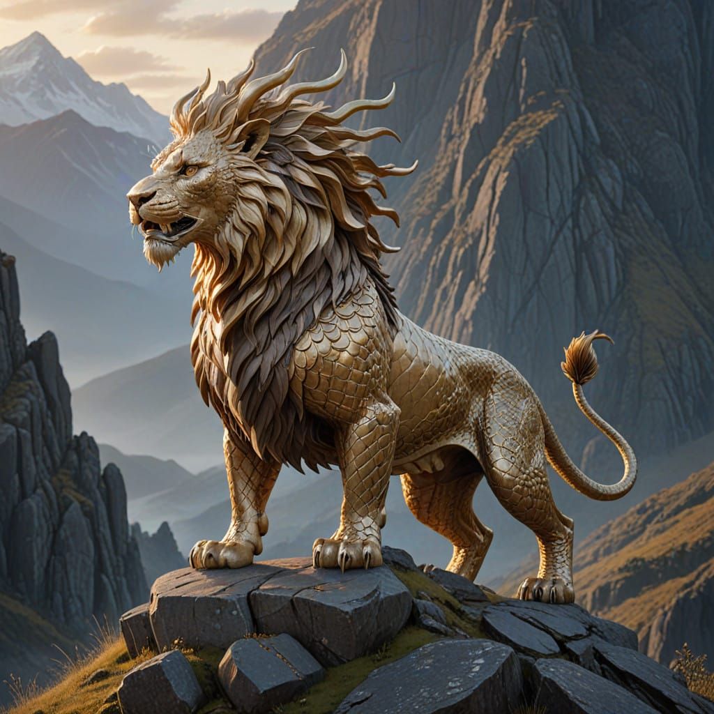 Majestic Lion-Dragon Hybrid with Five Horns in Dra... - AI Art