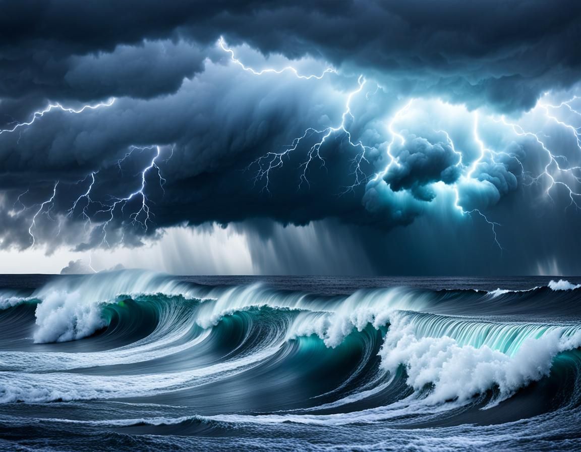 A storm on the high seas, dark gray clouds, a vortex, sea with big ...
