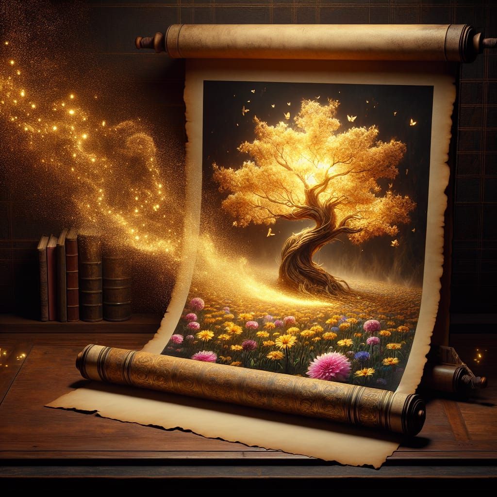 Surreal Golden Sakura Tree Blooms to Life on Ancie... - AI Art