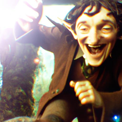 still from a movie, the lord of the rings, frodo is laughing like a ...