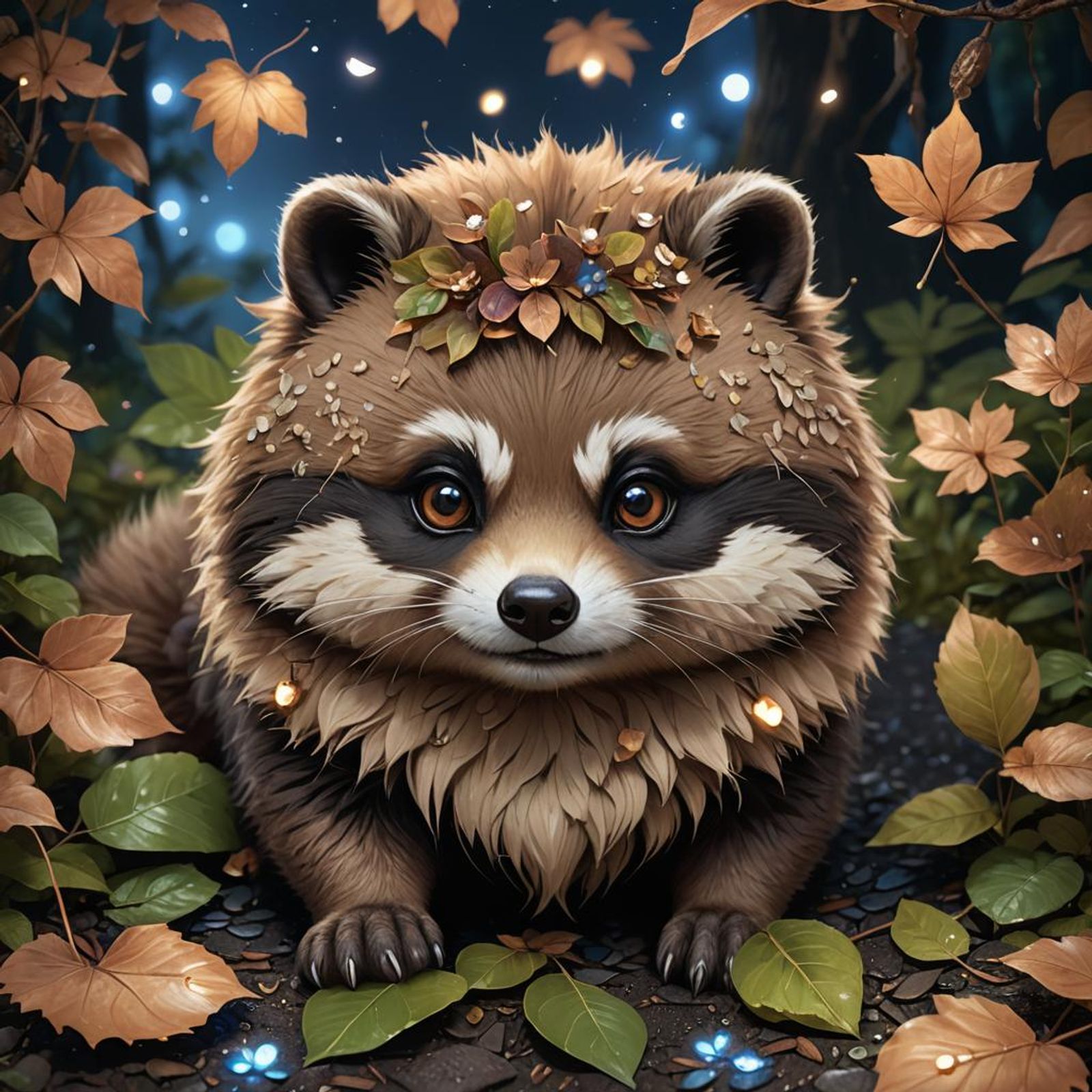 A hyper-realistic digital artwork of an adorable cute tanuki lying on ...