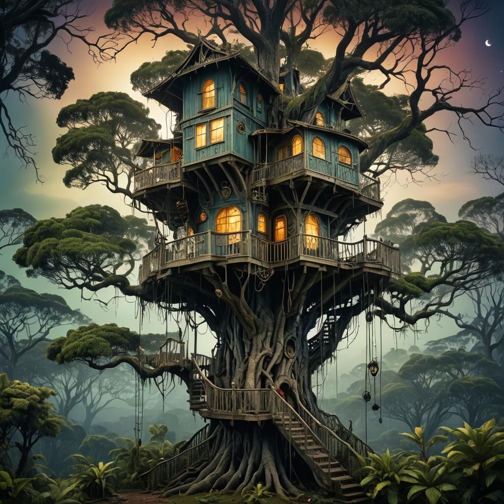 Old spooky scary treehouse, - AI Generated Artwork - NightCafe Creator