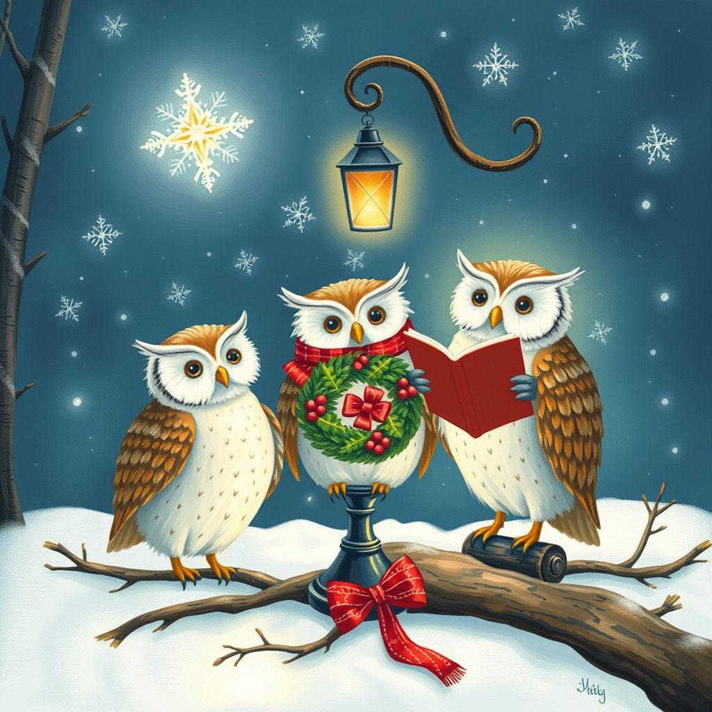 Three owls singing Christmas carols by a lantern with a Christmas ...