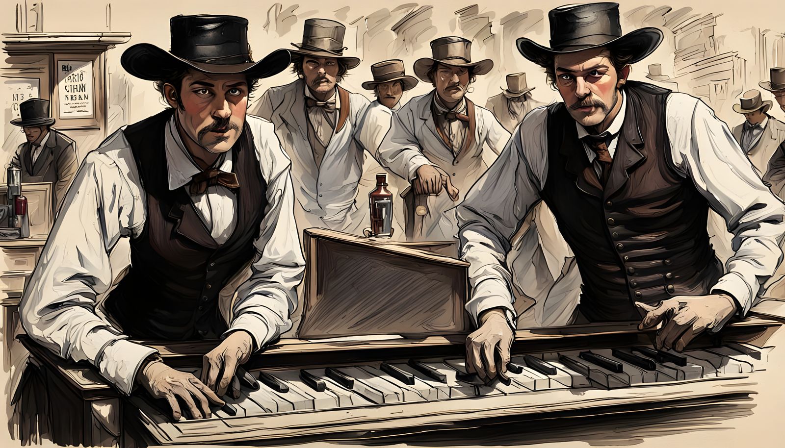 At saloon, Billy The Kid and Wyatt Earp.