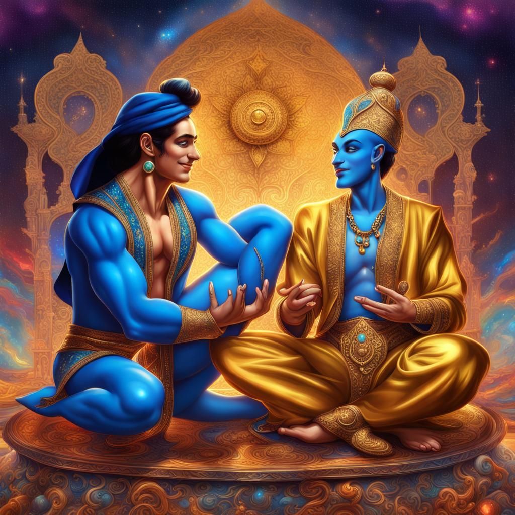 Aladdin and the genie from the magic lamp decorated with gold and ...