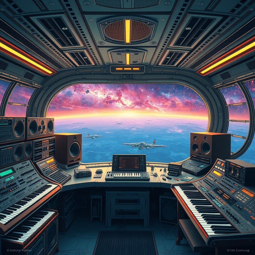 Cosmic Soundscapes in Retro-Futuristic Synth Haven - AI Art
