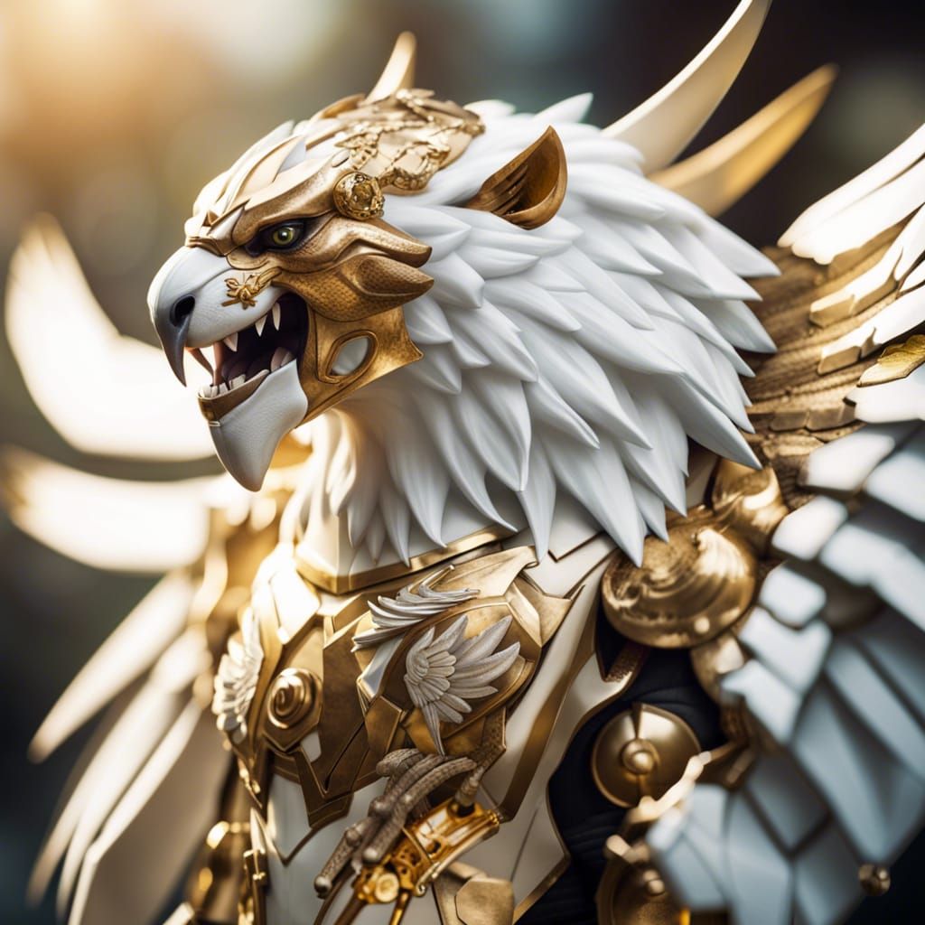White Sabertooth with eagle wings and tail, a saddle, and gold armor ...